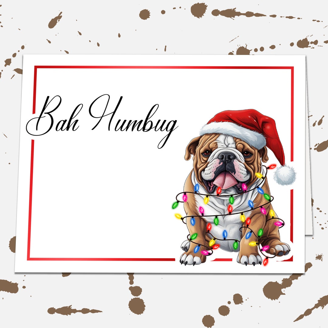 Bah Humbug Bulldog Christmas Card, Blank Cards, Happy Holiday Cards Set ...