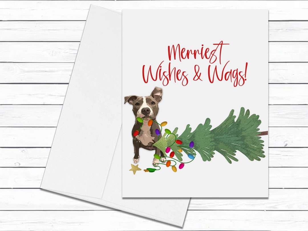 Pit Bull Christmas Card, Merriest Wishes & Wags, Funny Christmas Card ...