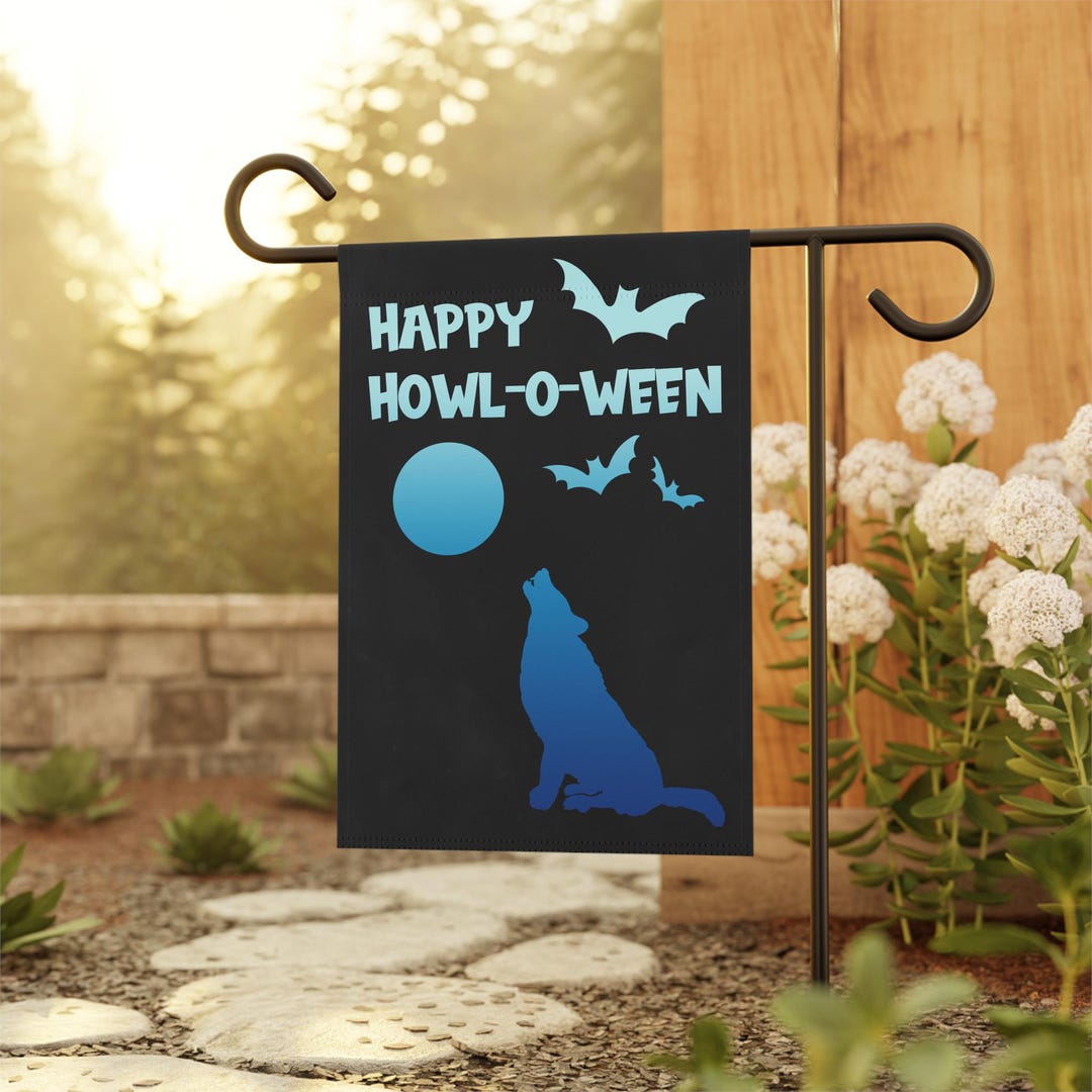 Happy Howl O Ween Halloween Garden Flag, Howling Wolf Spooky Moon Bats ...