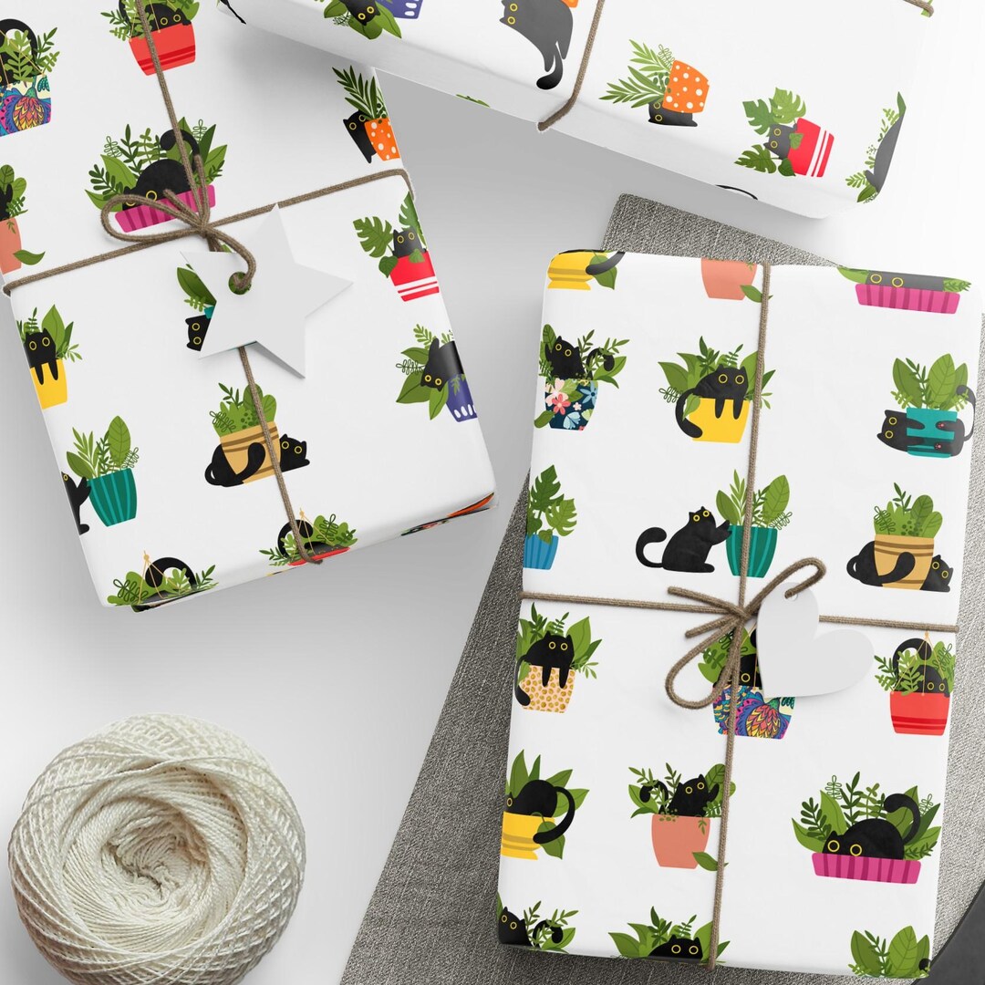 Cat Print Gift Wrapping Paper Roll, Loves Plant Gift Wrap, Cat Mom ...
