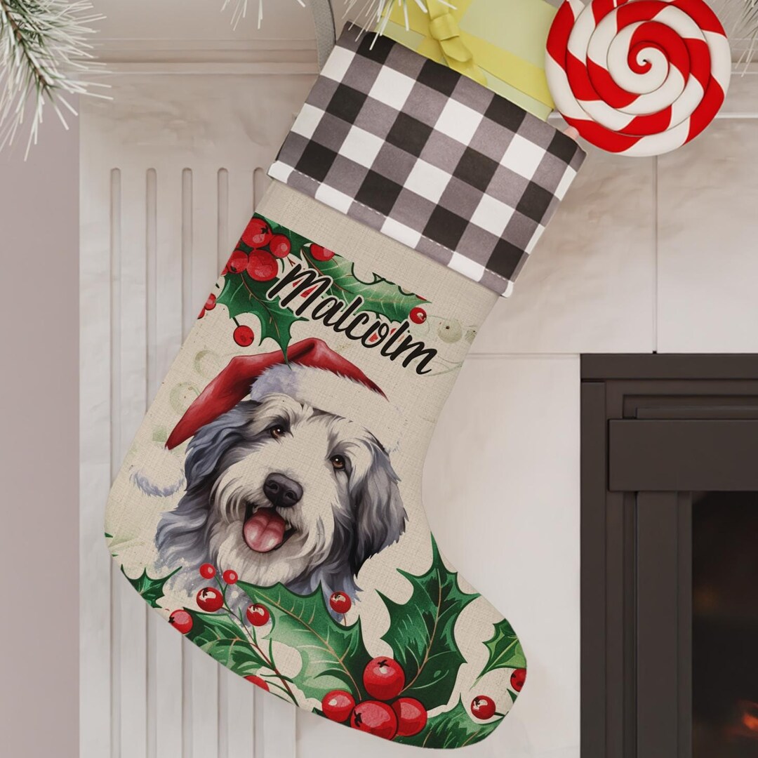 Old English Sheepdog Personalized Christmas Stocking, Custom Holiday ...