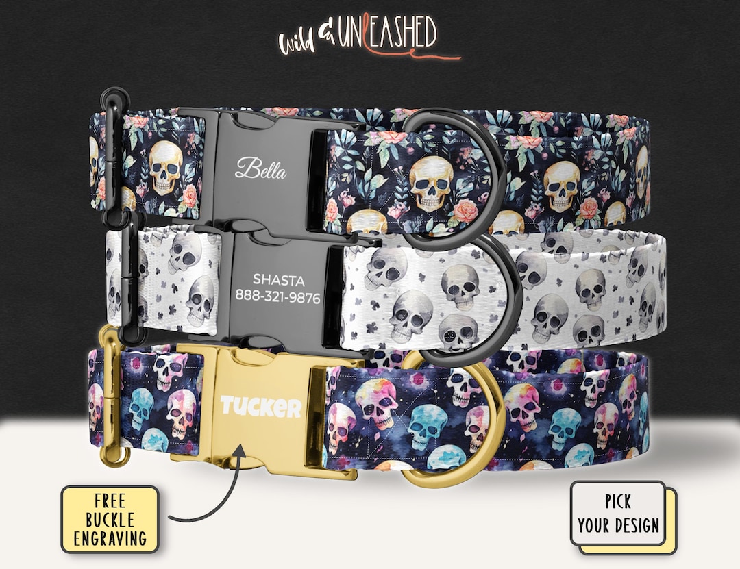 Gothic Skull Personalized Dog Collar, Romantic Floral Cosmic Galaxy ...