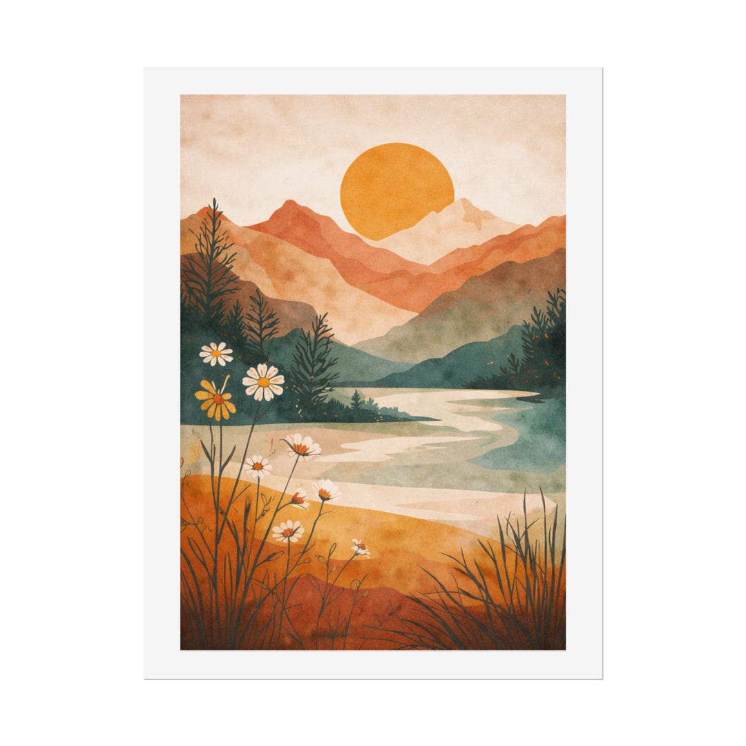 Sunset Mountain Landscape Rolled Poster | Boho Lake Lakeview Wall Art ...
