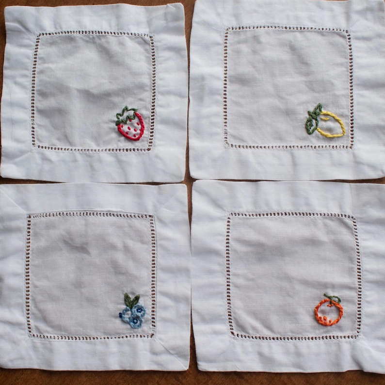 Hand-embroidered Fruit Cocktail Napkins – Linen Summer Decor, Set of 4 ...