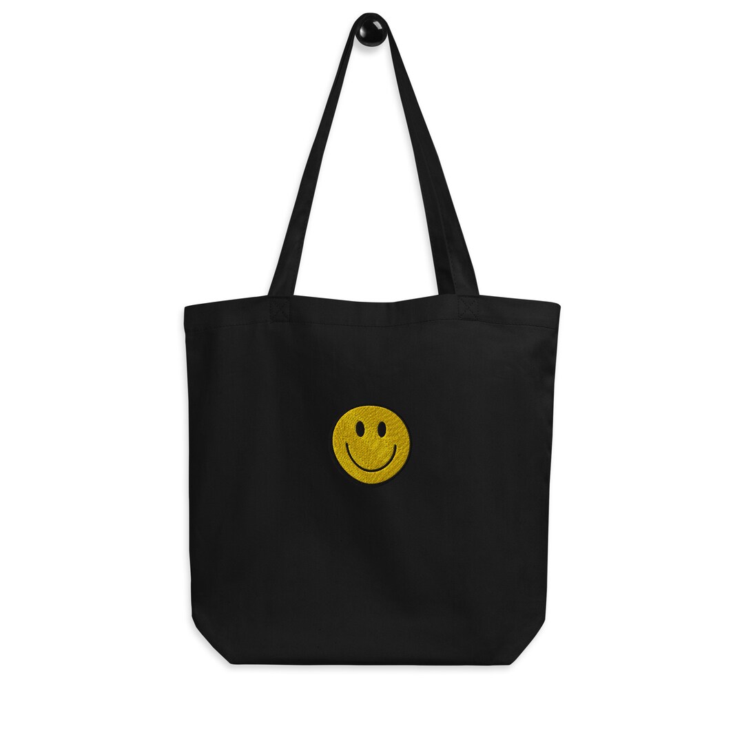 Smiley Face Embroidered Tote Bag – Cute Canvas Shopping Tote and ...
