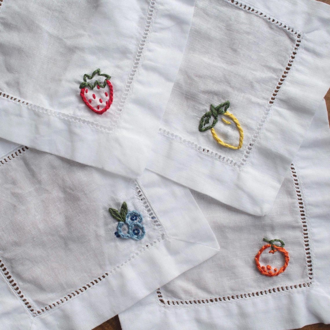 Hand-embroidered Fruit Cocktail Napkins – Linen Summer Decor, Set of 4 ...