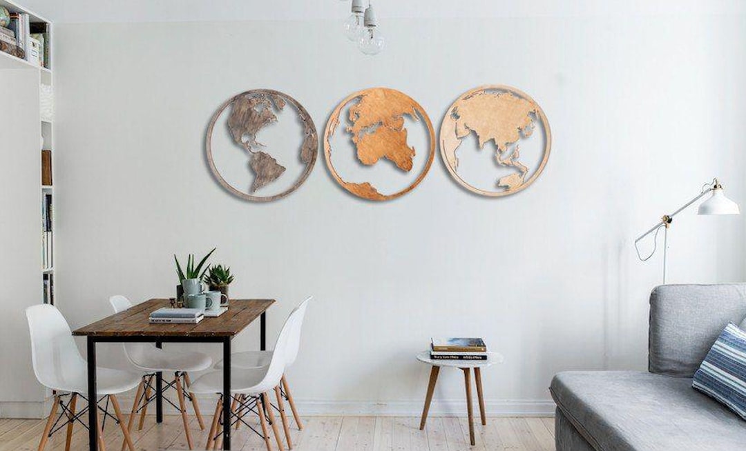Set of 3 Maps, Wooden World Map, Wood World Map, Round Wold Map Wall ...