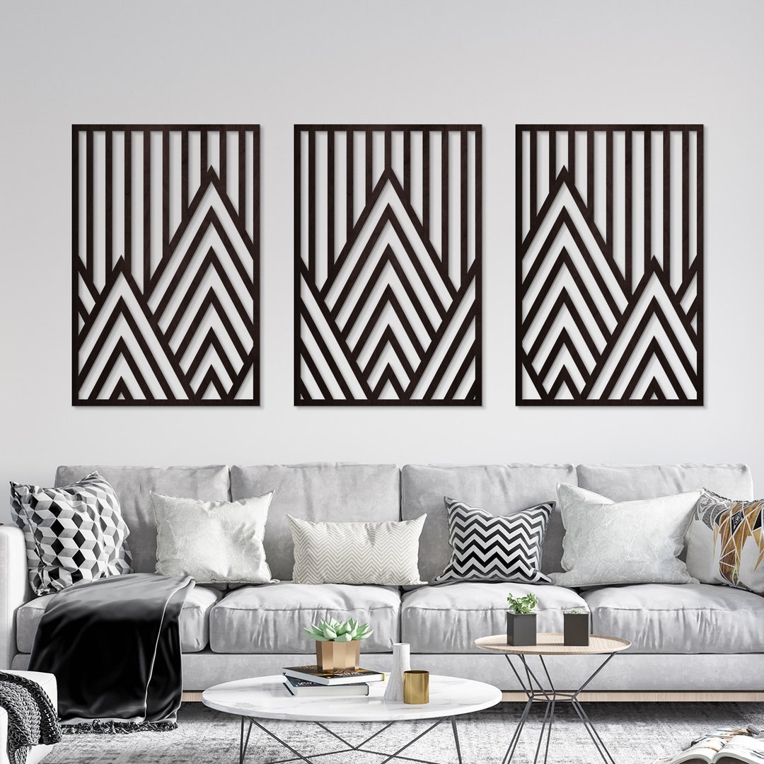 Mountain Wood Wall Art, Geometric Panels Set of 3,geometric Wooden ...