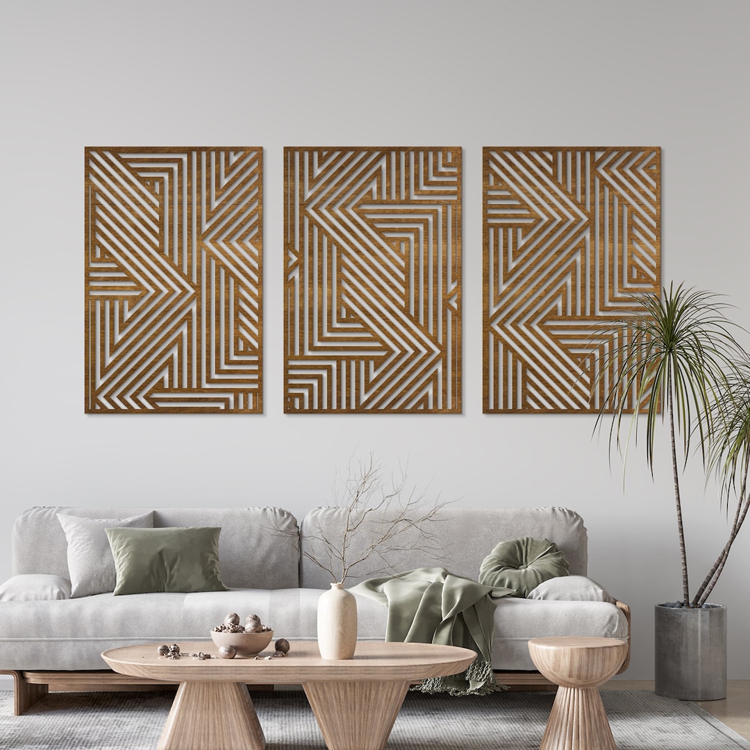 Geometric Wood Wall Art Panel, Geometric Wall Art Set of 3, Geometric ...