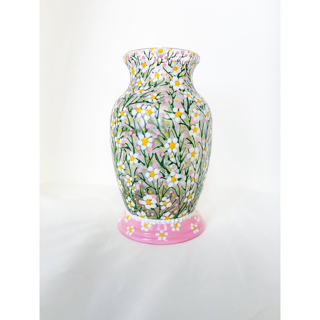 Hand-painted Whimsical Daisy Vase With Glossy Pink Weighted - Etsy