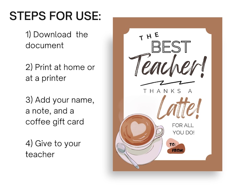 Teacher Appreciation Note Printable 5x7 Thanks A Latte - Etsy