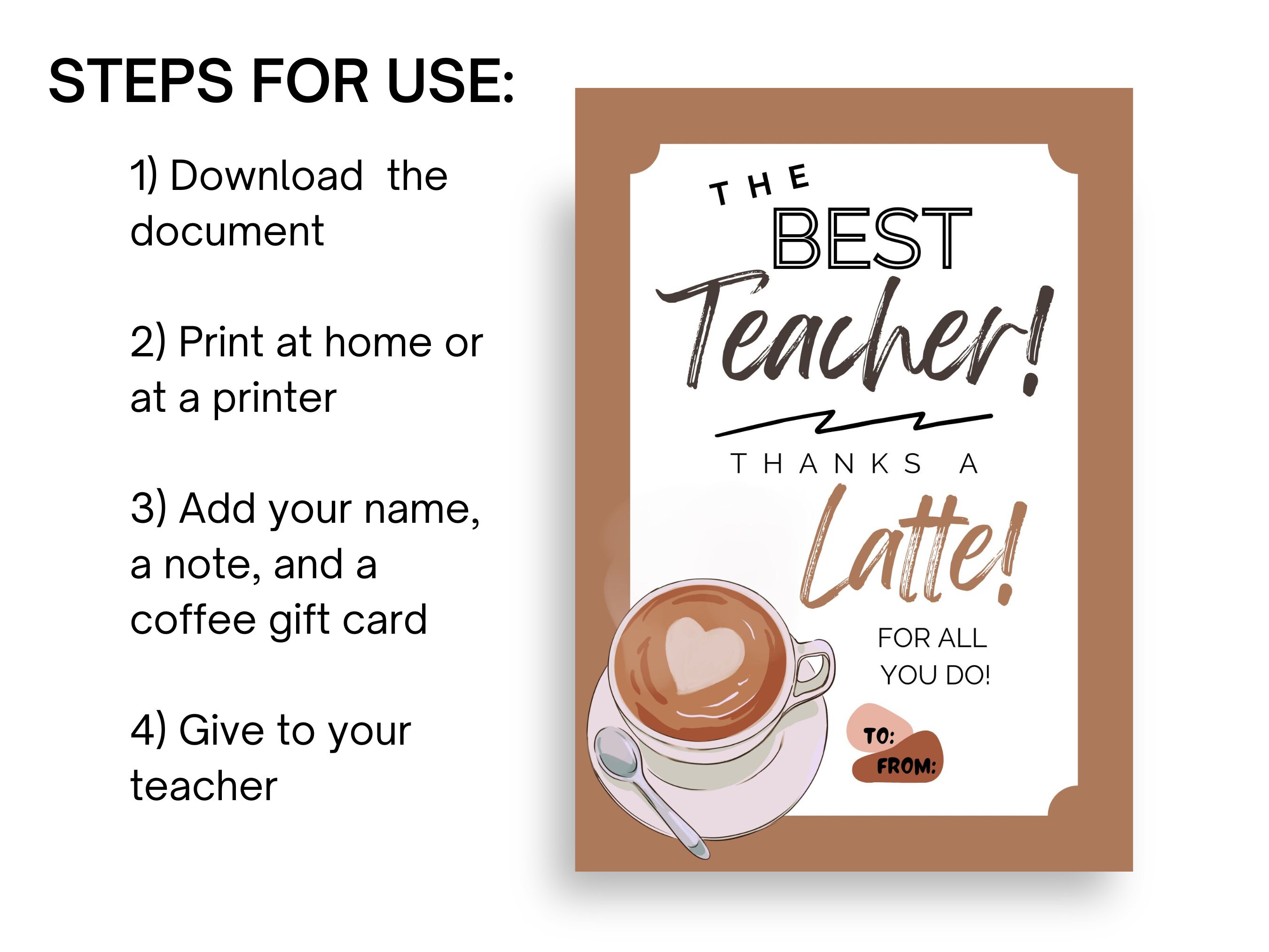 Teacher Appreciation Note, Printable 5x7, Thanks A Latte, Instant ...
