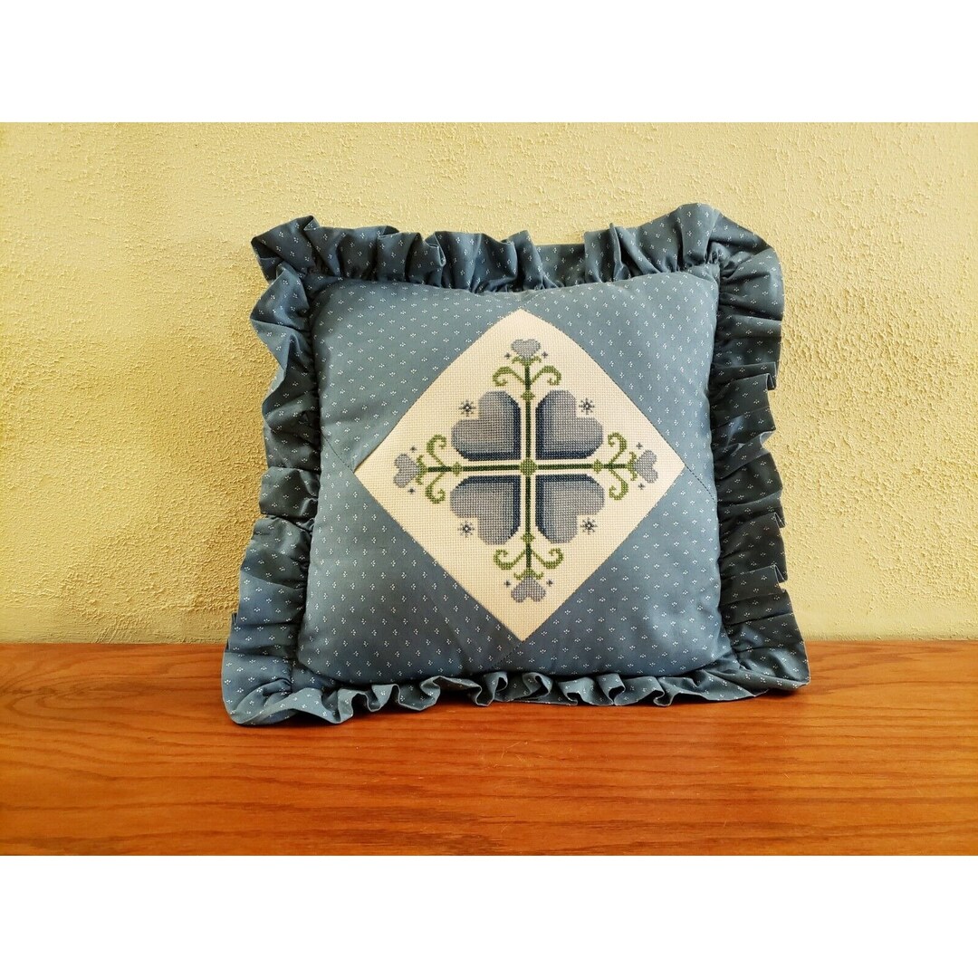 Vintage Needlepoint Petit Point Hearts Ruffle Pillow Farmhouse Cottage ...