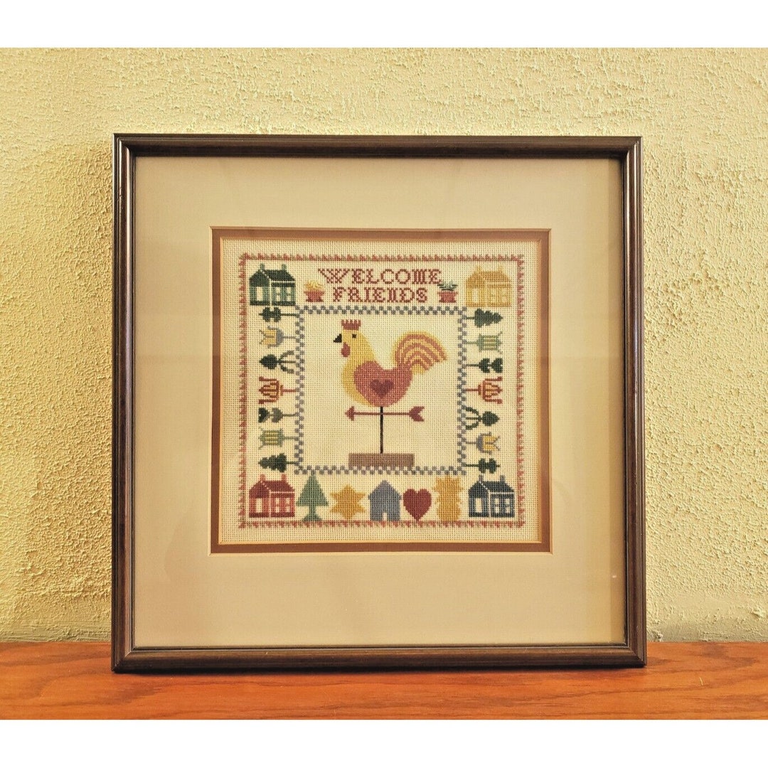 Vintage Needlepoint Welcome Friends Weather Vane Rooster Hearts Framed ...