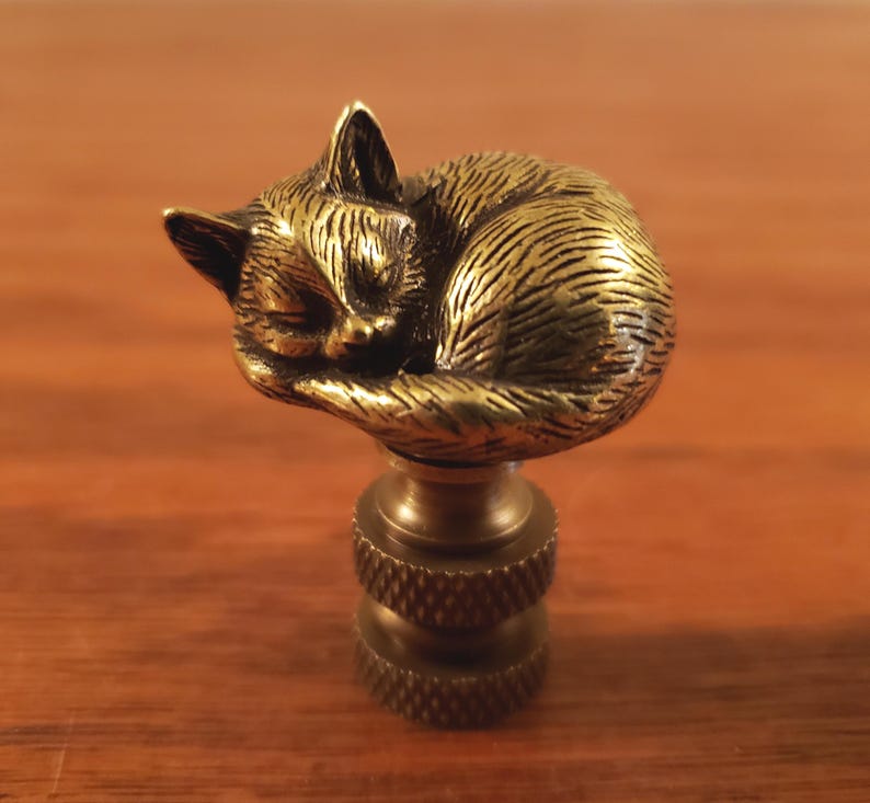 Unique Cat Kitten Lamp Finial Sleeping Cat Brass Antique Gold Color ...