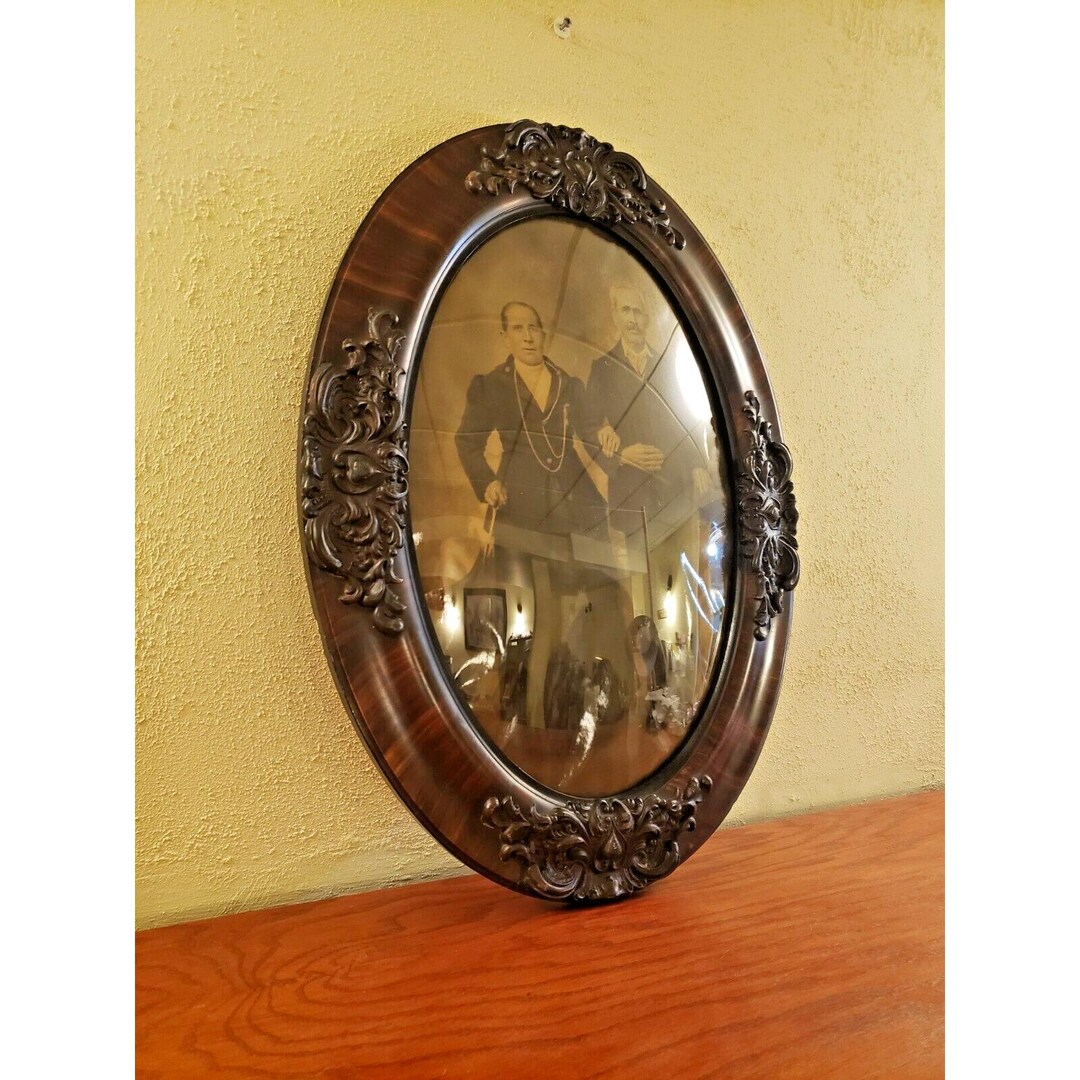 Antique Victorian Era Picture Photo Frame Tiger Wood Ornate Oval Convex ...