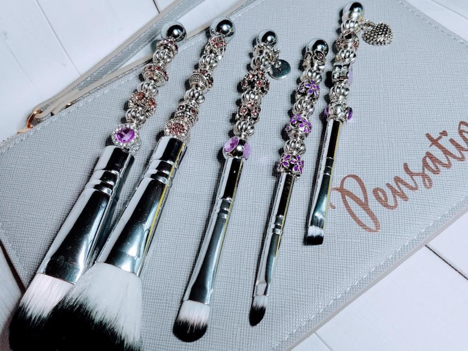 Hand Beaded Makeup Brushes ~ 5 Fabulous Silver/purple Beaded Metal ...