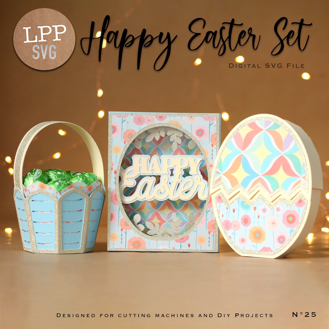 HAPPY Easter Set - 3D SVG | Instant Download | Card, Basket and Egg Box ...