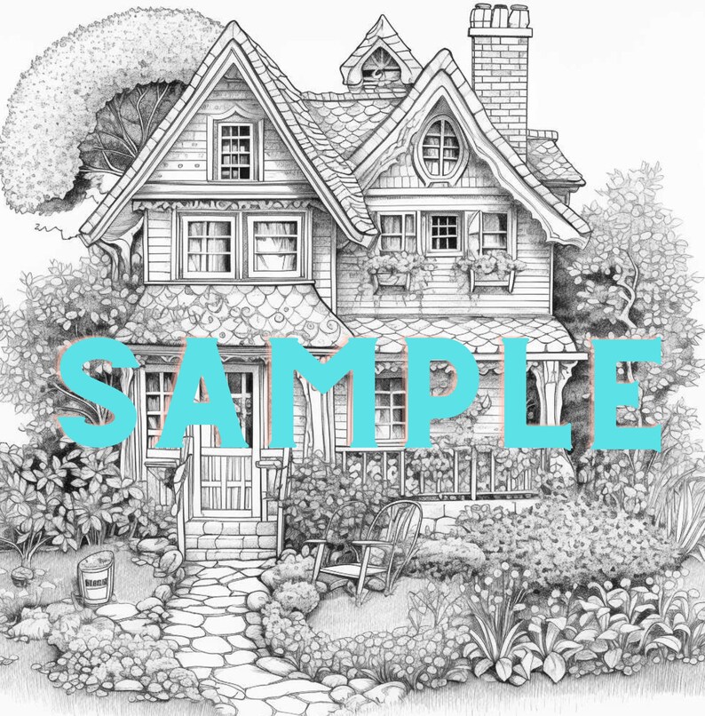 GARDEN COTTAGE - 50 AI Grayscale Coloring Pages - Etsy