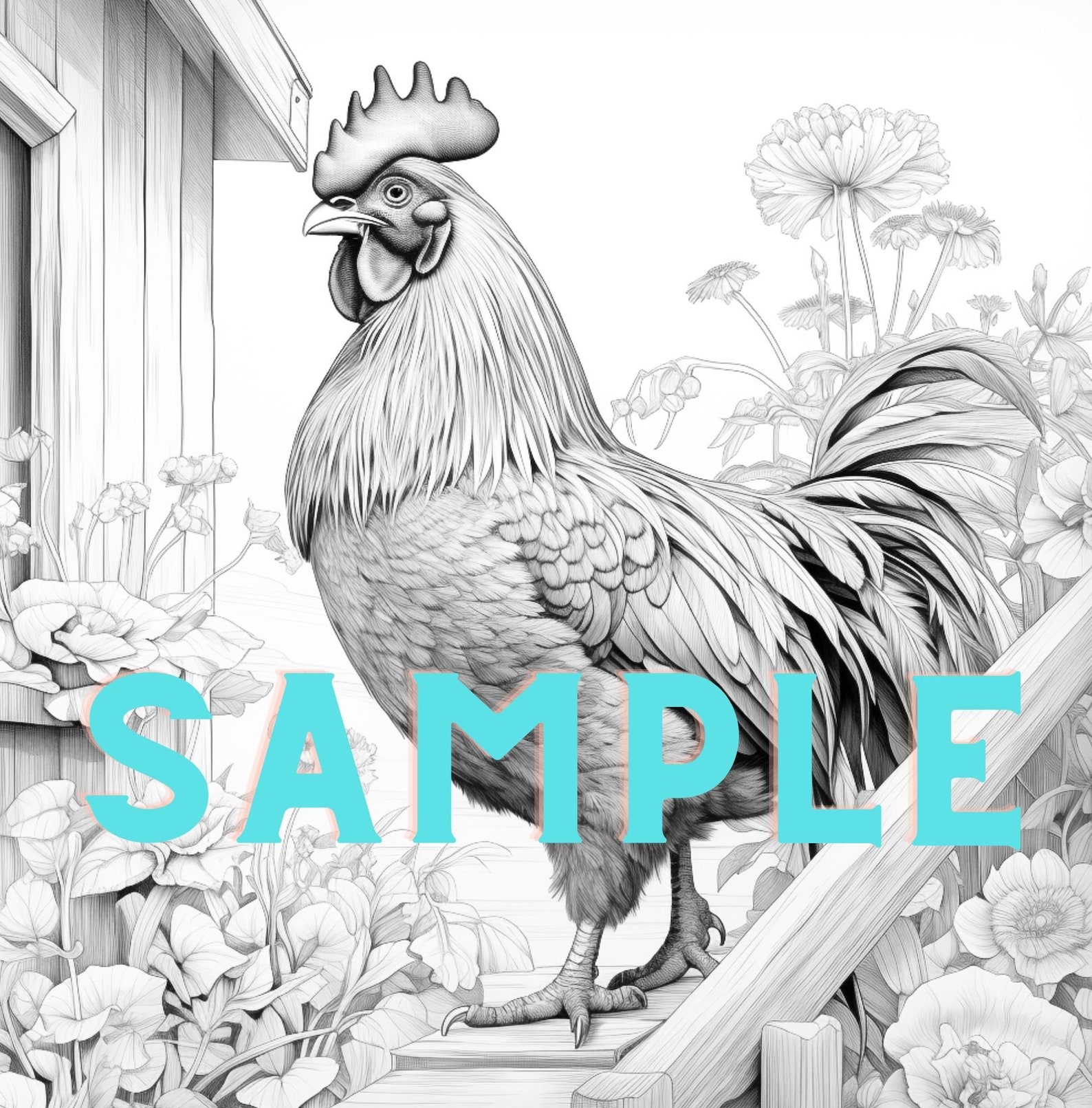 BARNYARD ROOSTERS 50 Grayscale Coloring Pages - Etsy