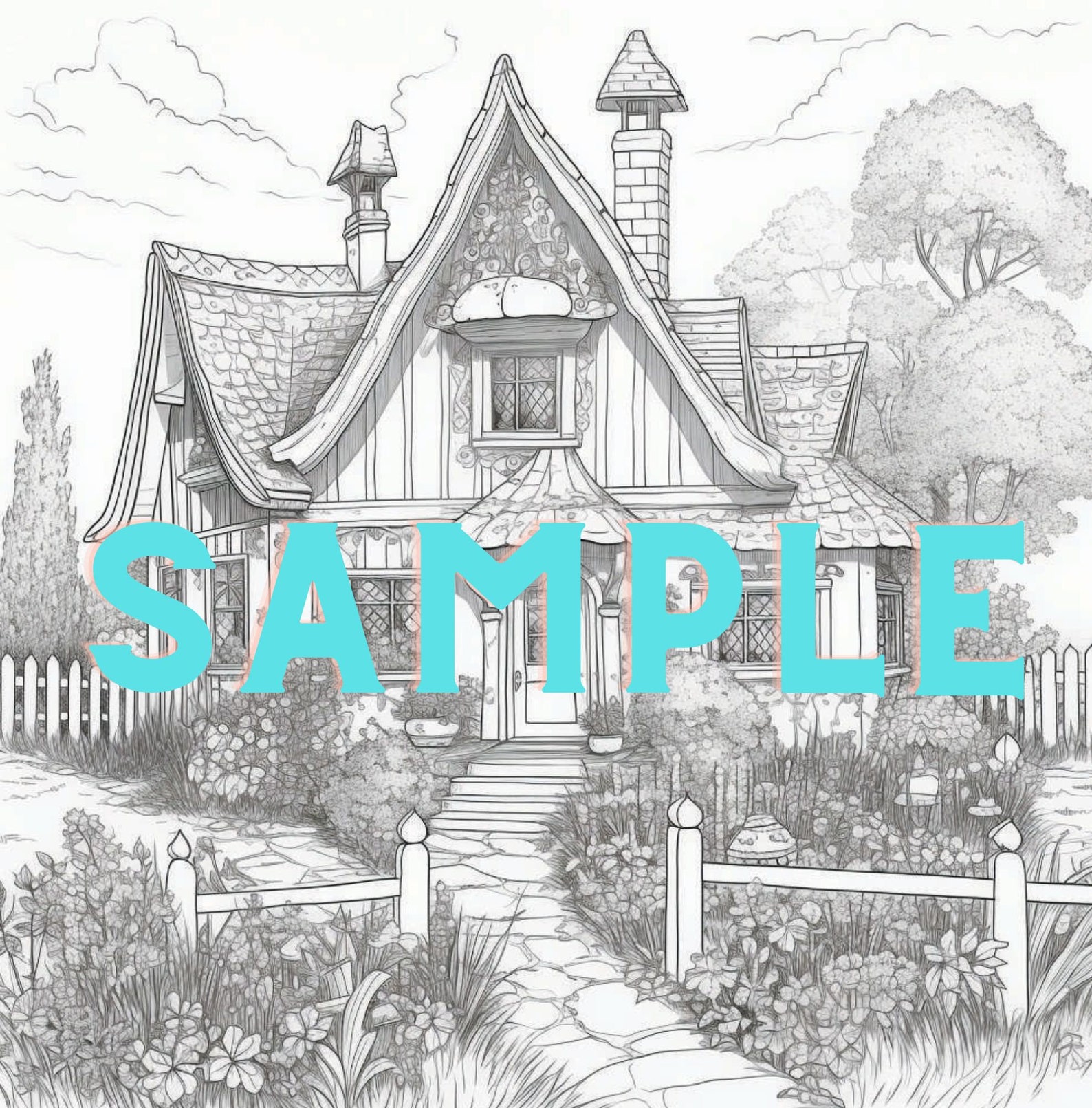 GARDEN COTTAGE 50 AI Grayscale Coloring Pages - Etsy