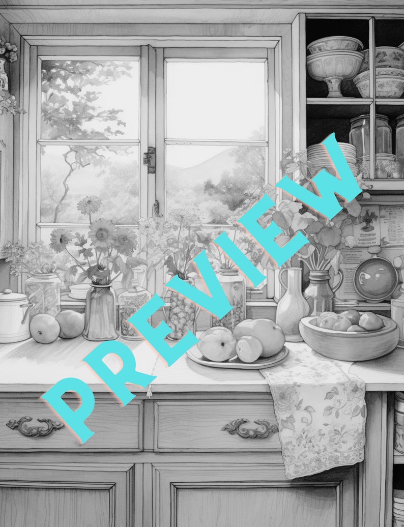 THE NOSTALGIC KITCHEN- 50 Ai Grayscale Coloring Pages - Etsy