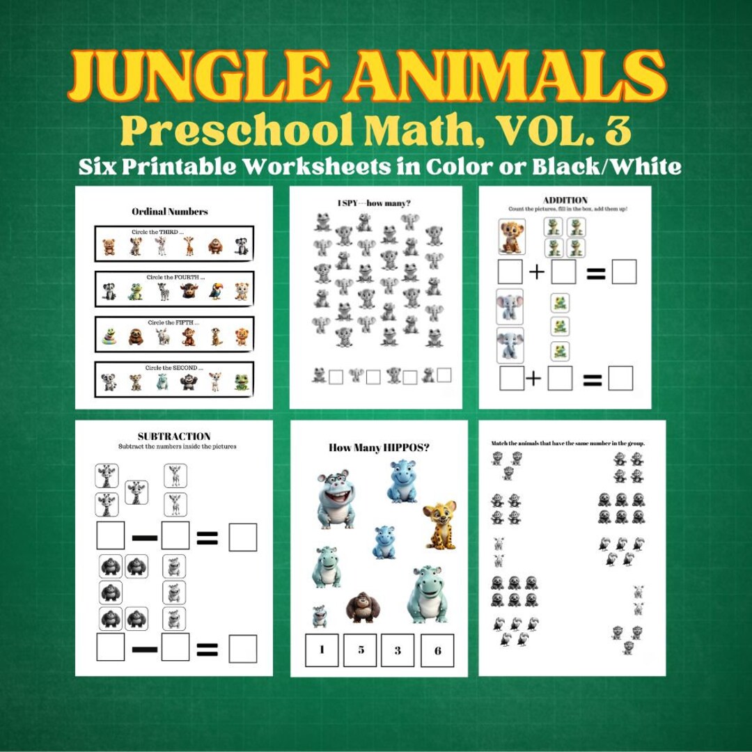 ANIMALES DE LA SELVA-Hojas de trabajo de matemáticas - Etsy México