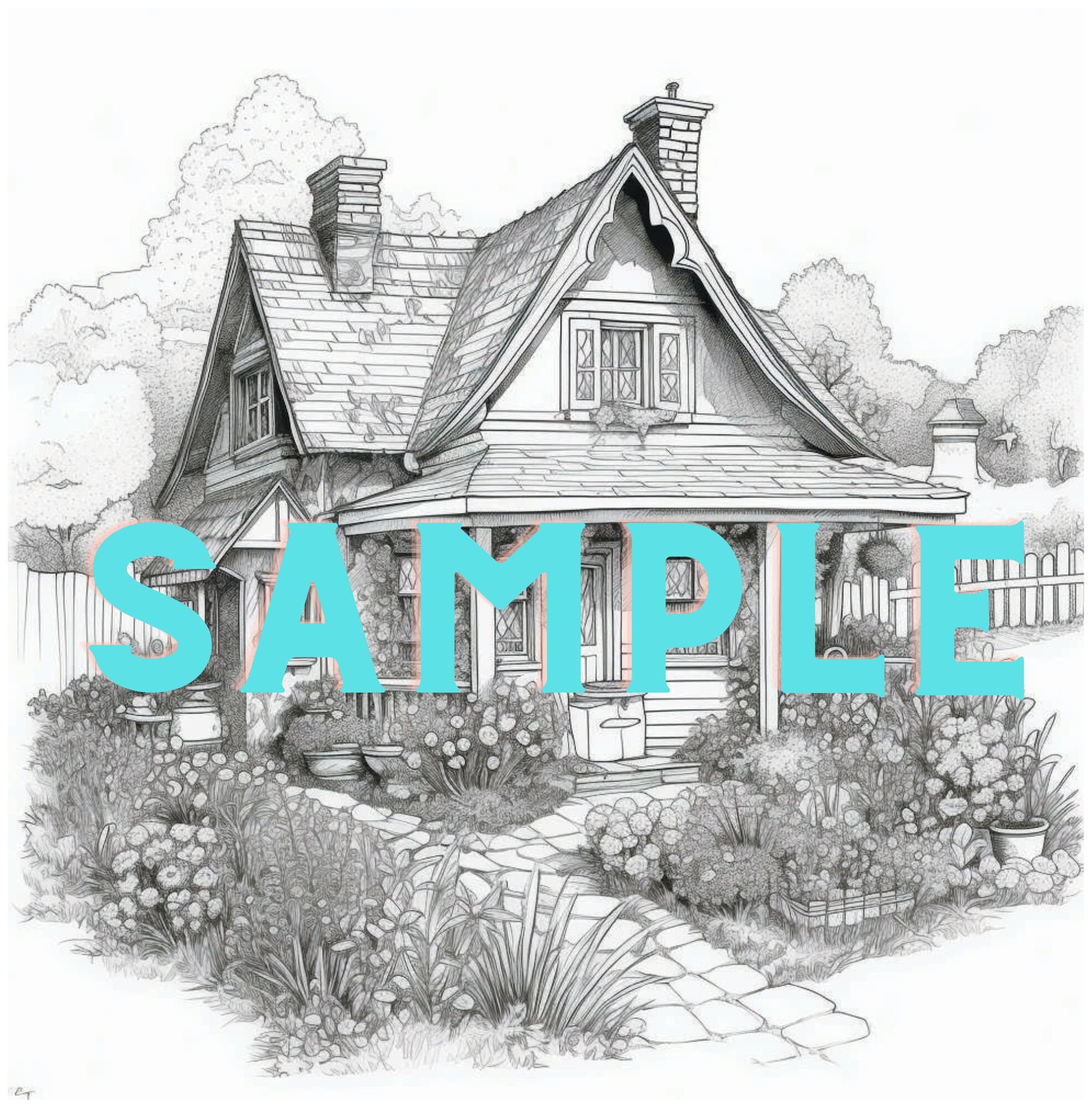 GARDEN COTTAGE 50 AI Grayscale Coloring Pages - Etsy