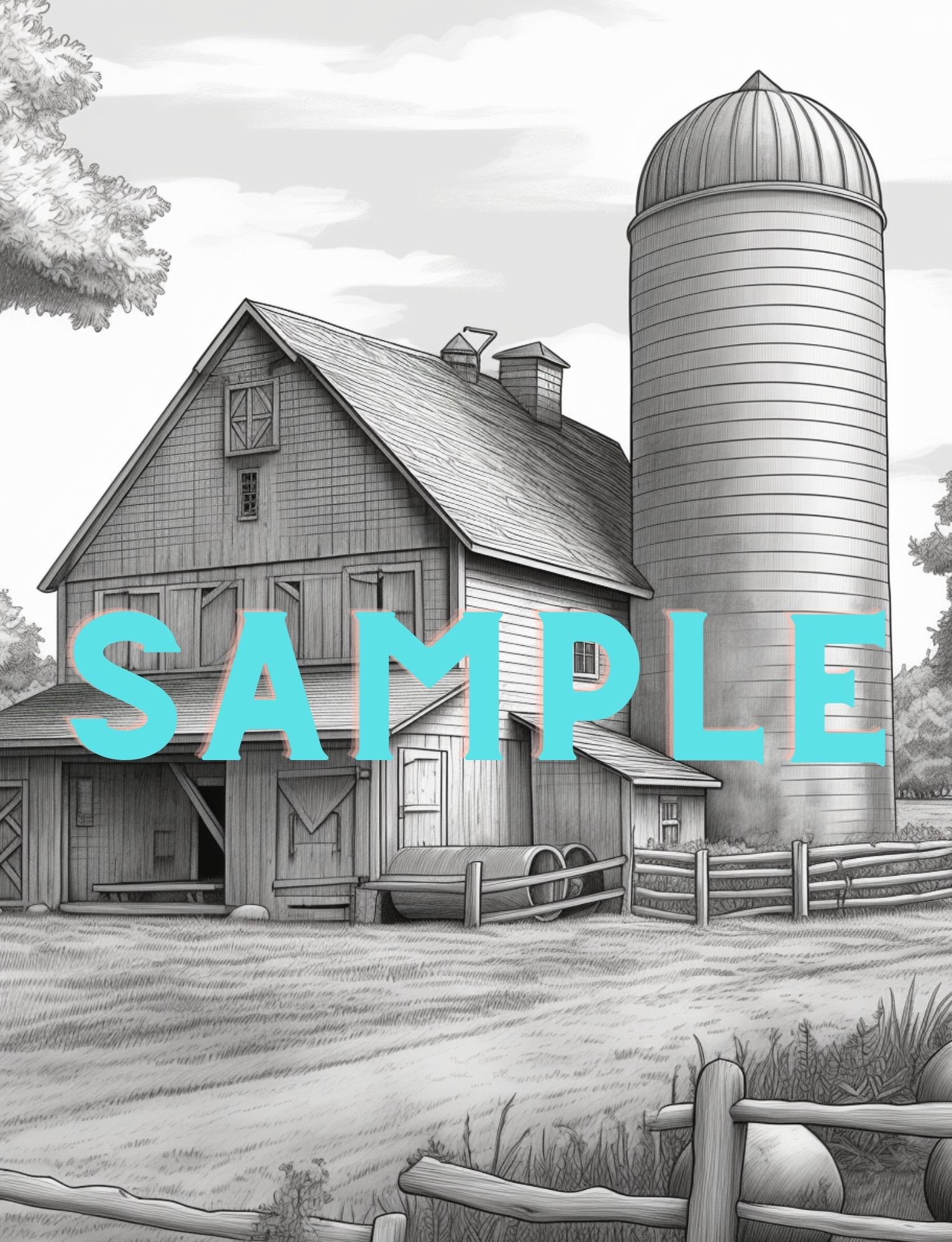 Barns on the Farm - 50 AI Grayscale Coloring Pages - Etsy