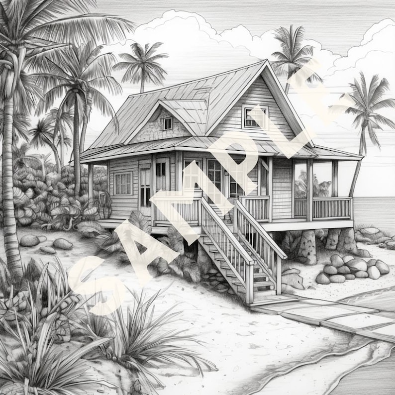 BEACH BUNGALOW - 50 Grayscale Coloring Pages - Etsy