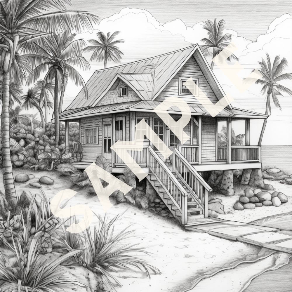 BEACH BUNGALOW - 50 Grayscale Coloring Pages - Etsy