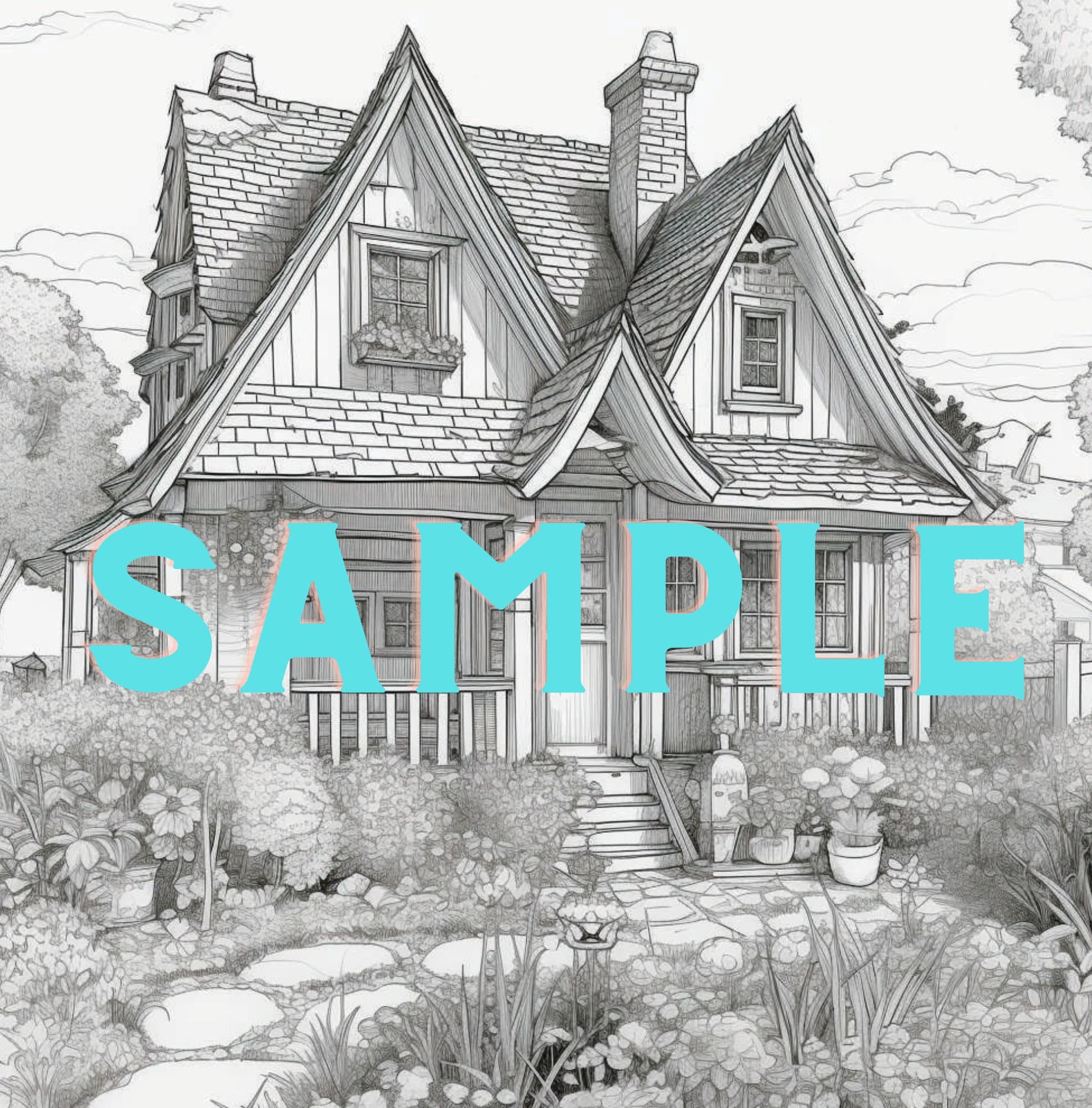 GARDEN COTTAGE 50 AI Grayscale Coloring Pages - Etsy