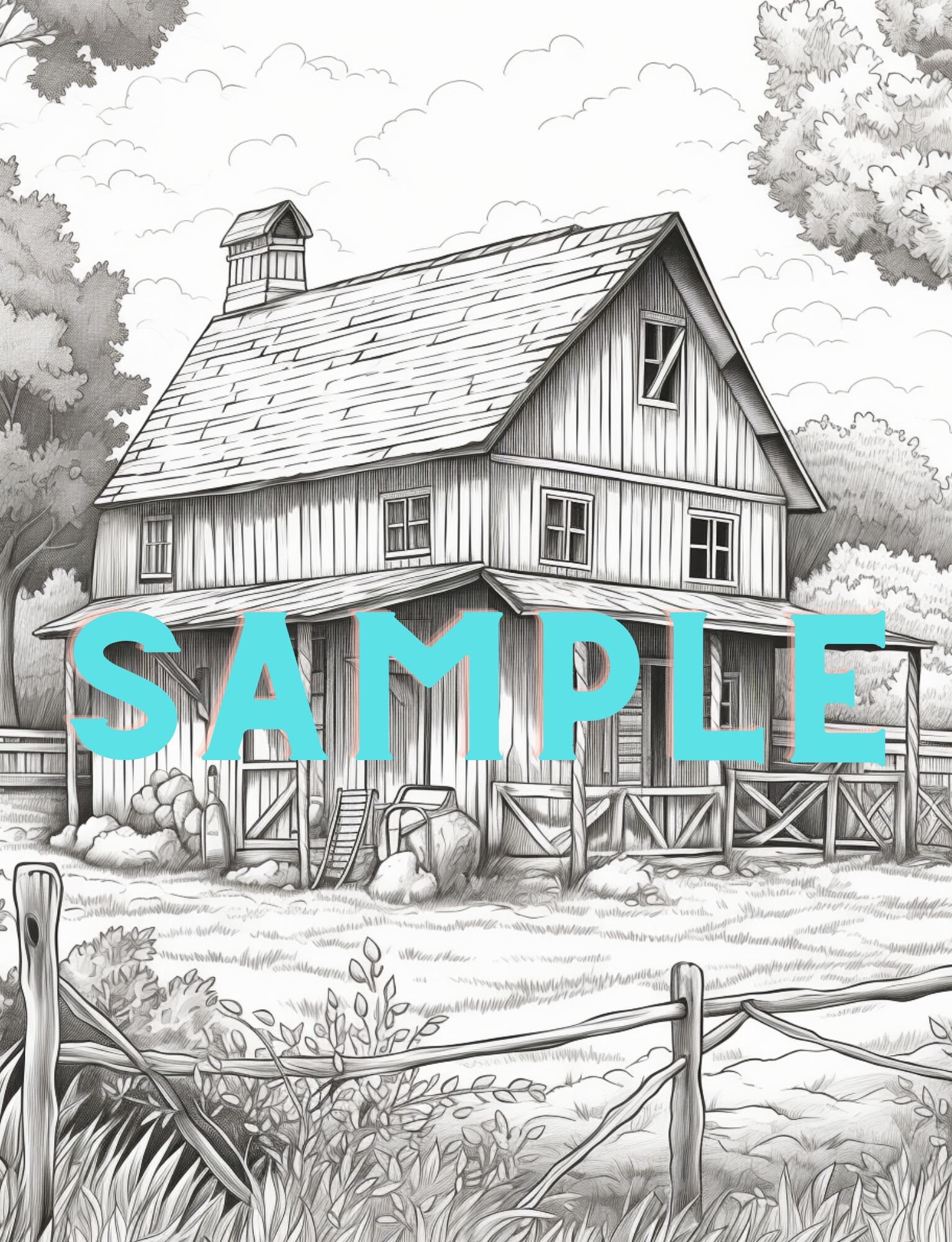 Barns on the Farm - 50 AI Grayscale Coloring Pages - Etsy