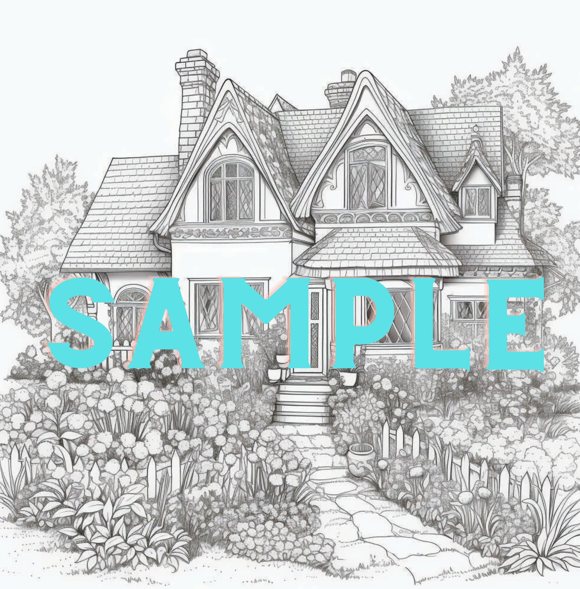 GARDEN COTTAGE 50 AI Grayscale Coloring Pages - Etsy