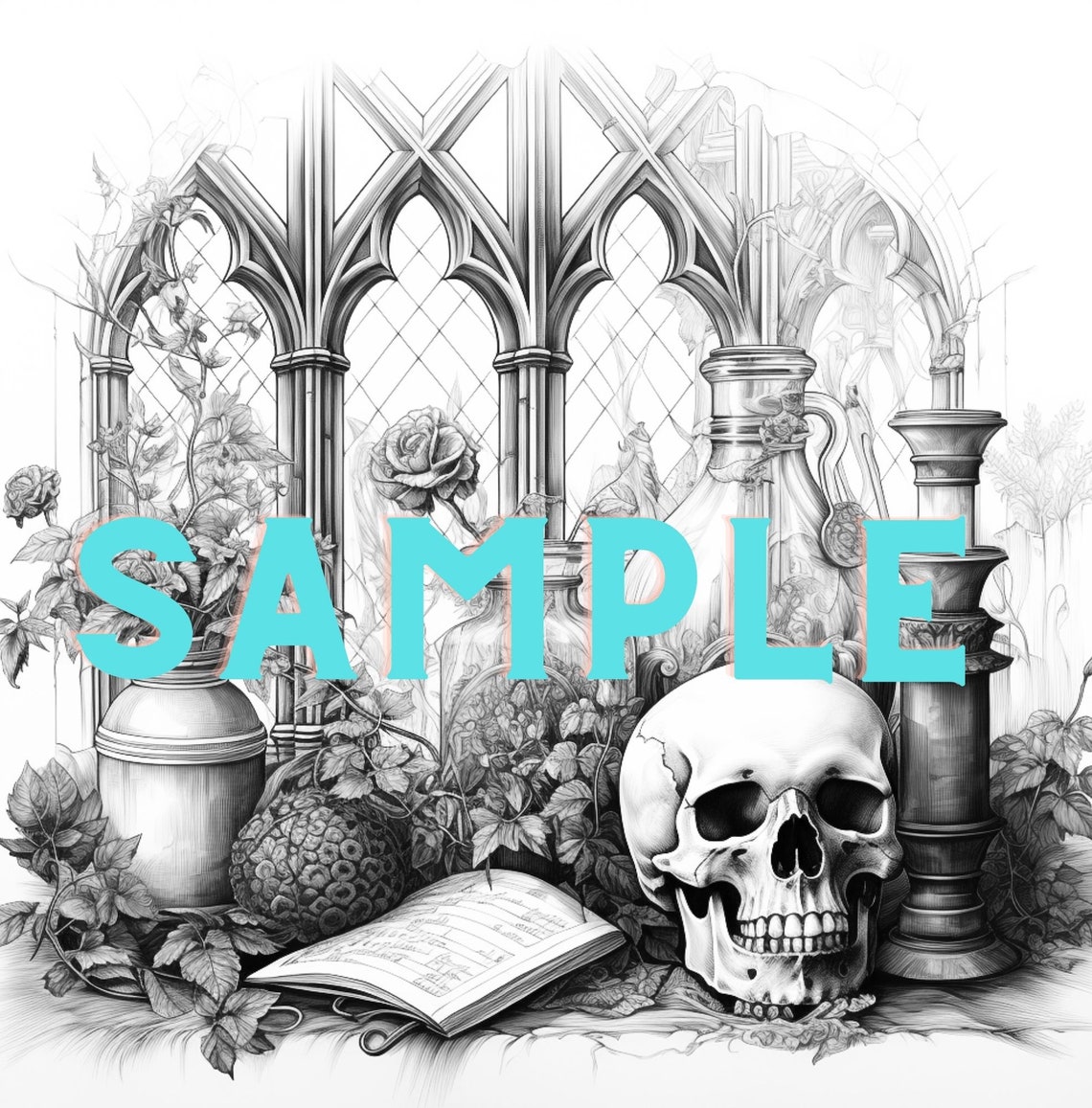 GOTHIC STILL LIFE-50 Grayscale Coloring Pages - Etsy