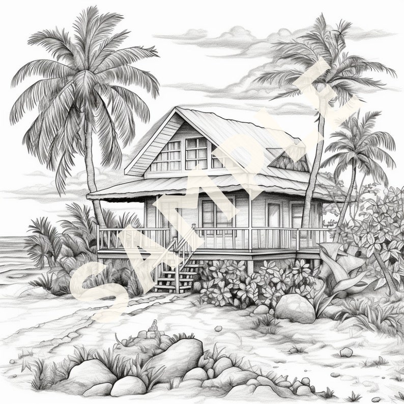 BEACH BUNGALOW - 50 Grayscale Coloring Pages - Etsy