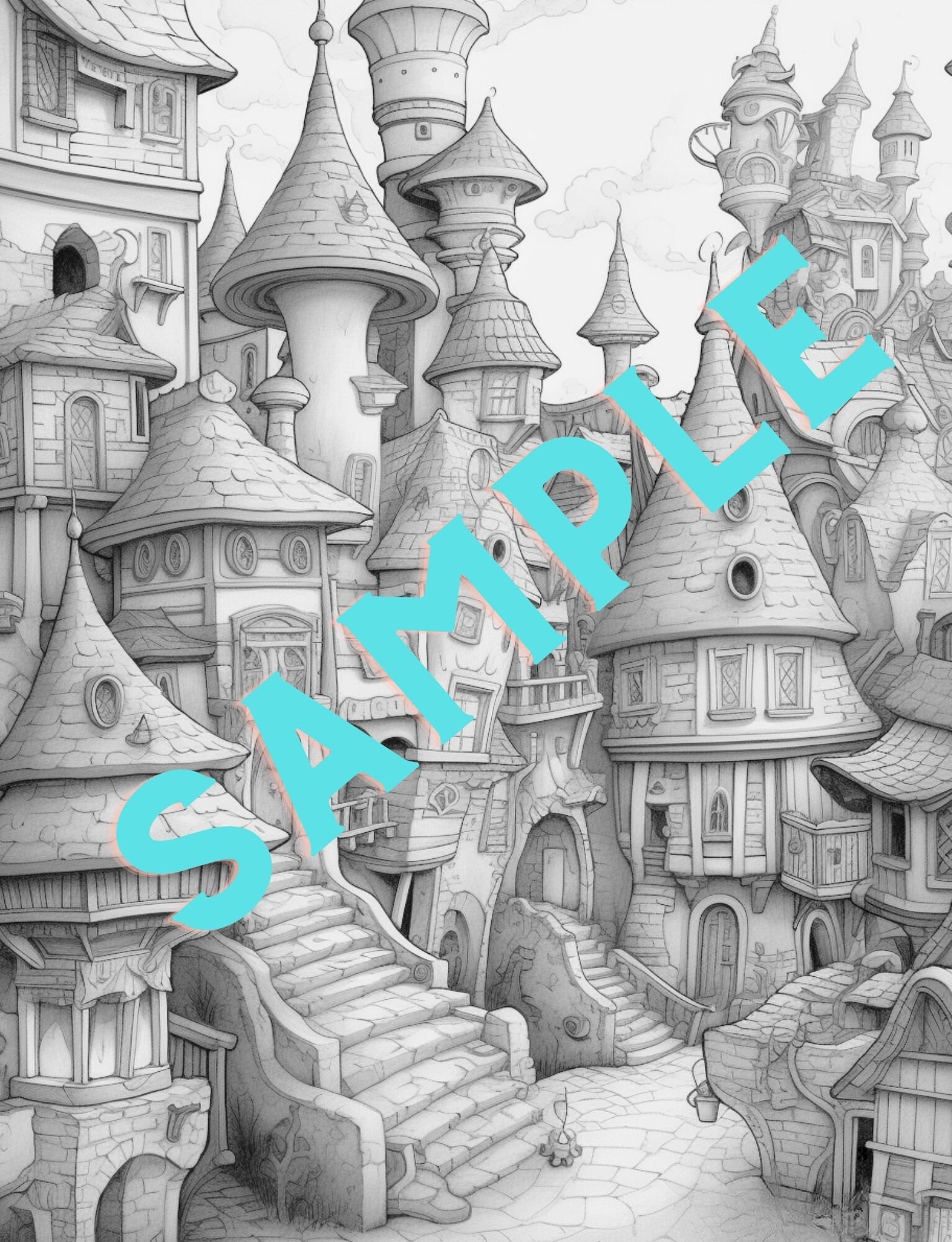 THE COBBLESTONE VILLAGE 50 Grayscale Coloring Pages - Etsy