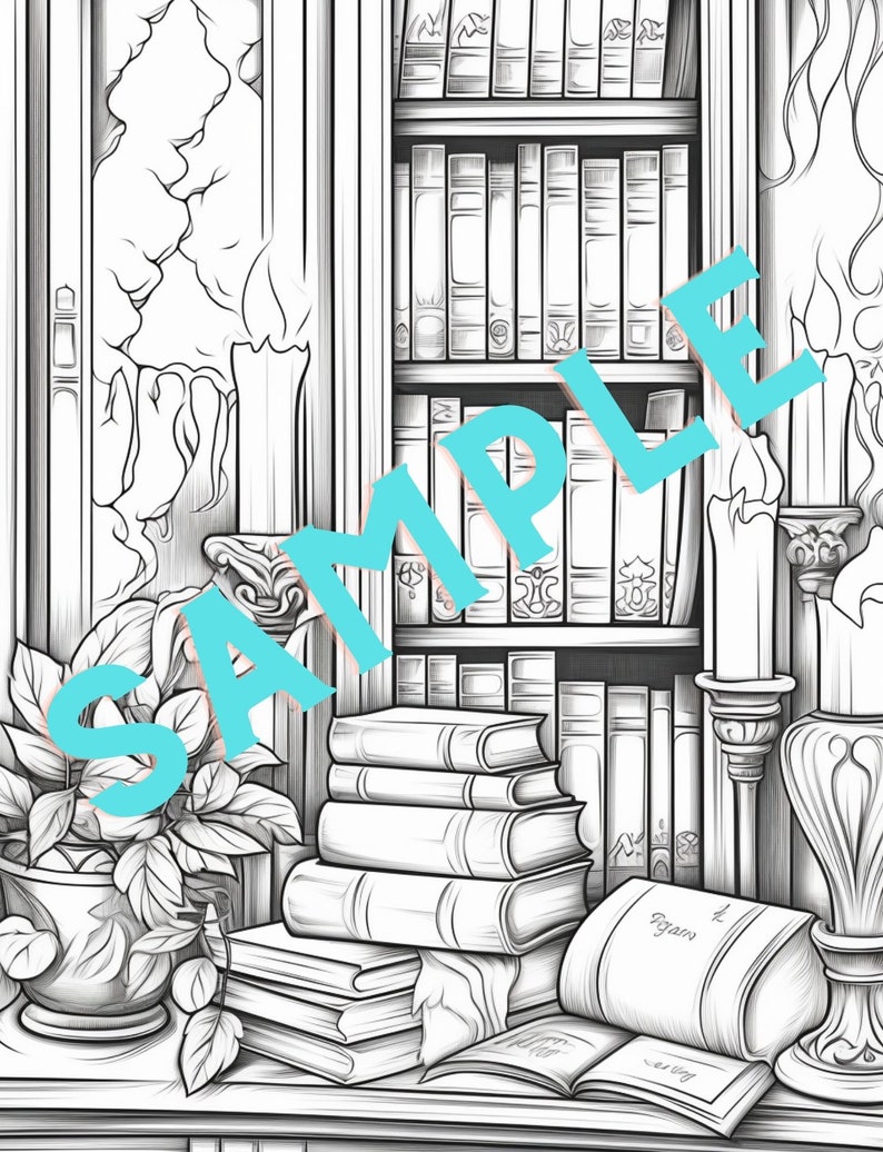 BOOKCASES 50 AI Grayscale Coloring Pages - Etsy