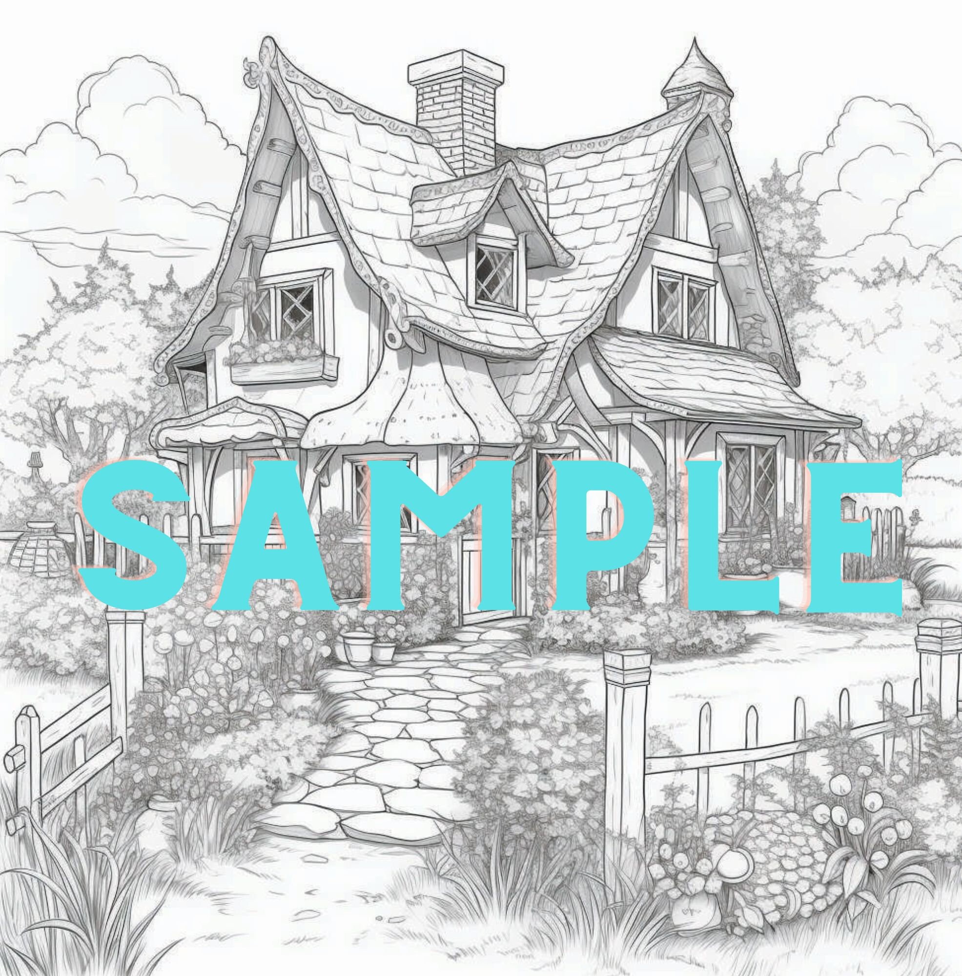 GARDEN COTTAGE 50 AI Grayscale Coloring Pages - Etsy