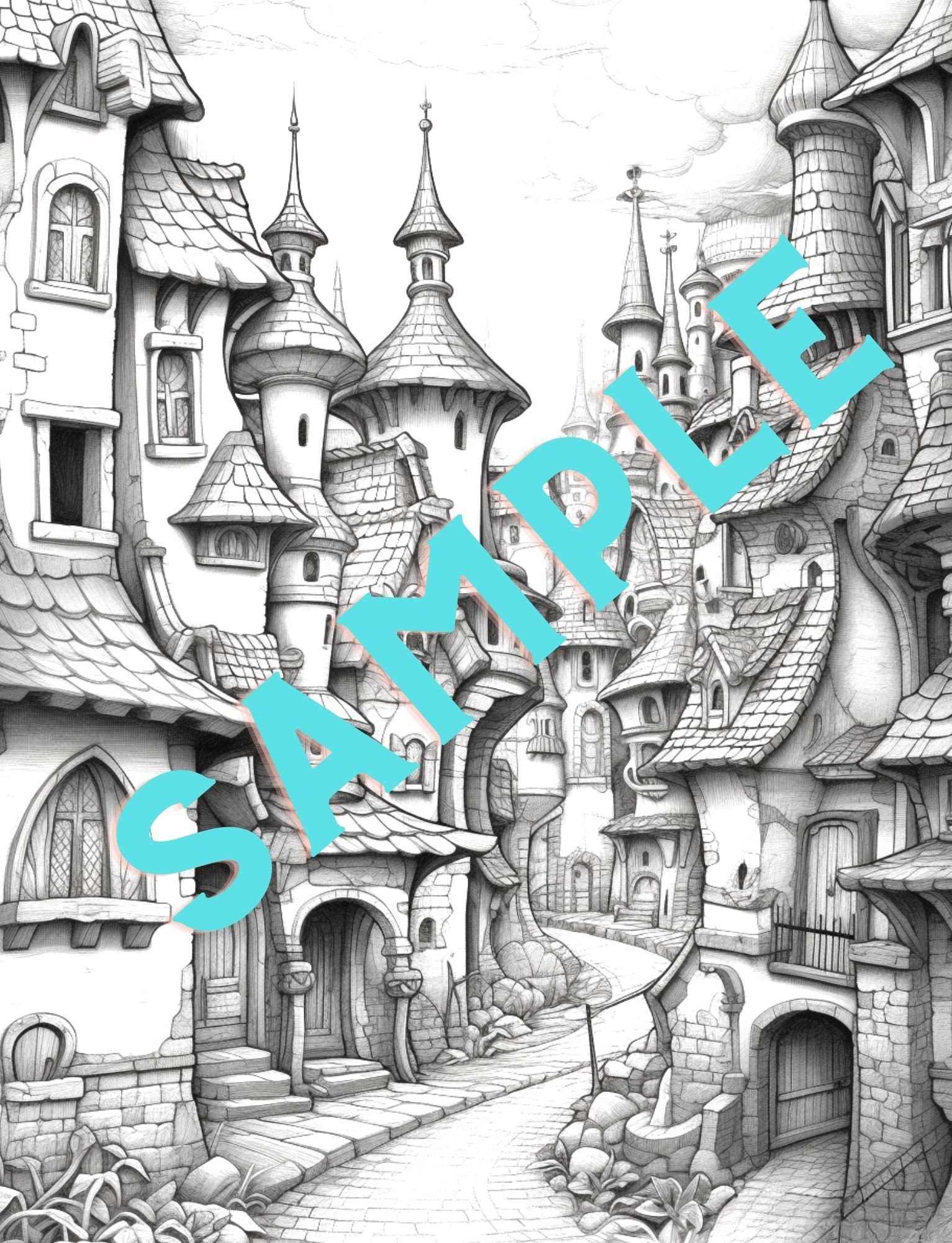 THE COBBLESTONE VILLAGE 50 Grayscale Coloring Pages - Etsy