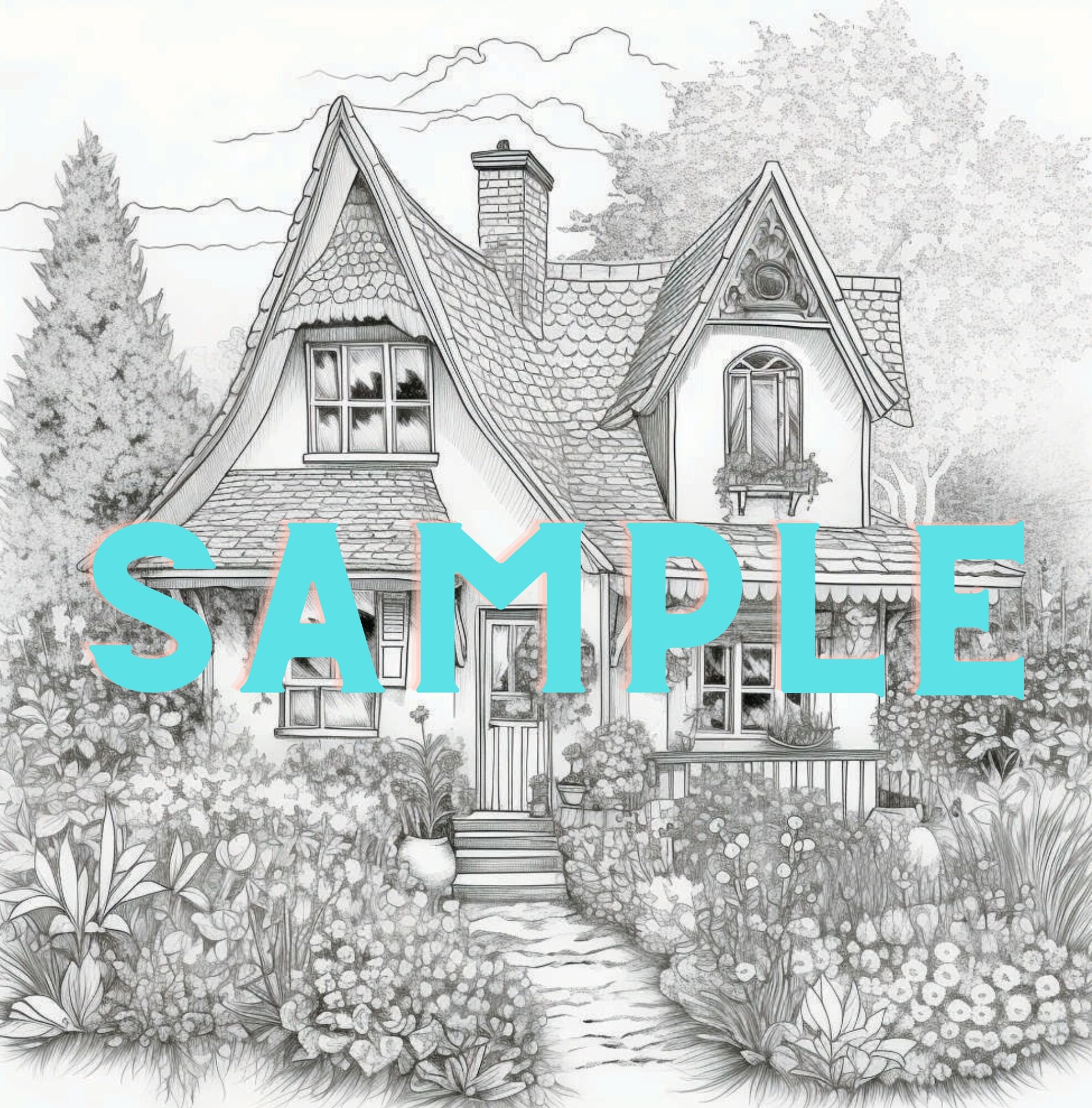 GARDEN COTTAGE 50 AI Grayscale Coloring Pages - Etsy