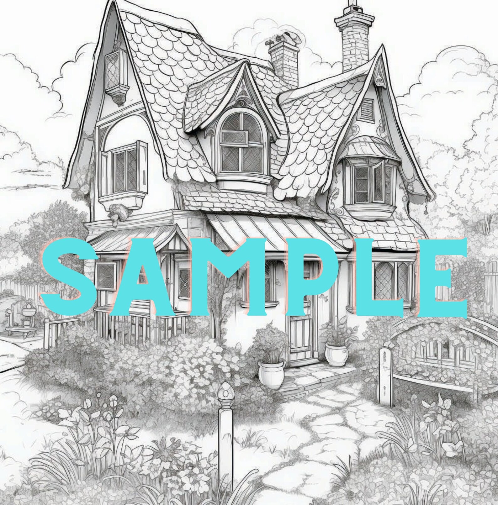 GARDEN COTTAGE 50 AI Grayscale Coloring Pages - Etsy
