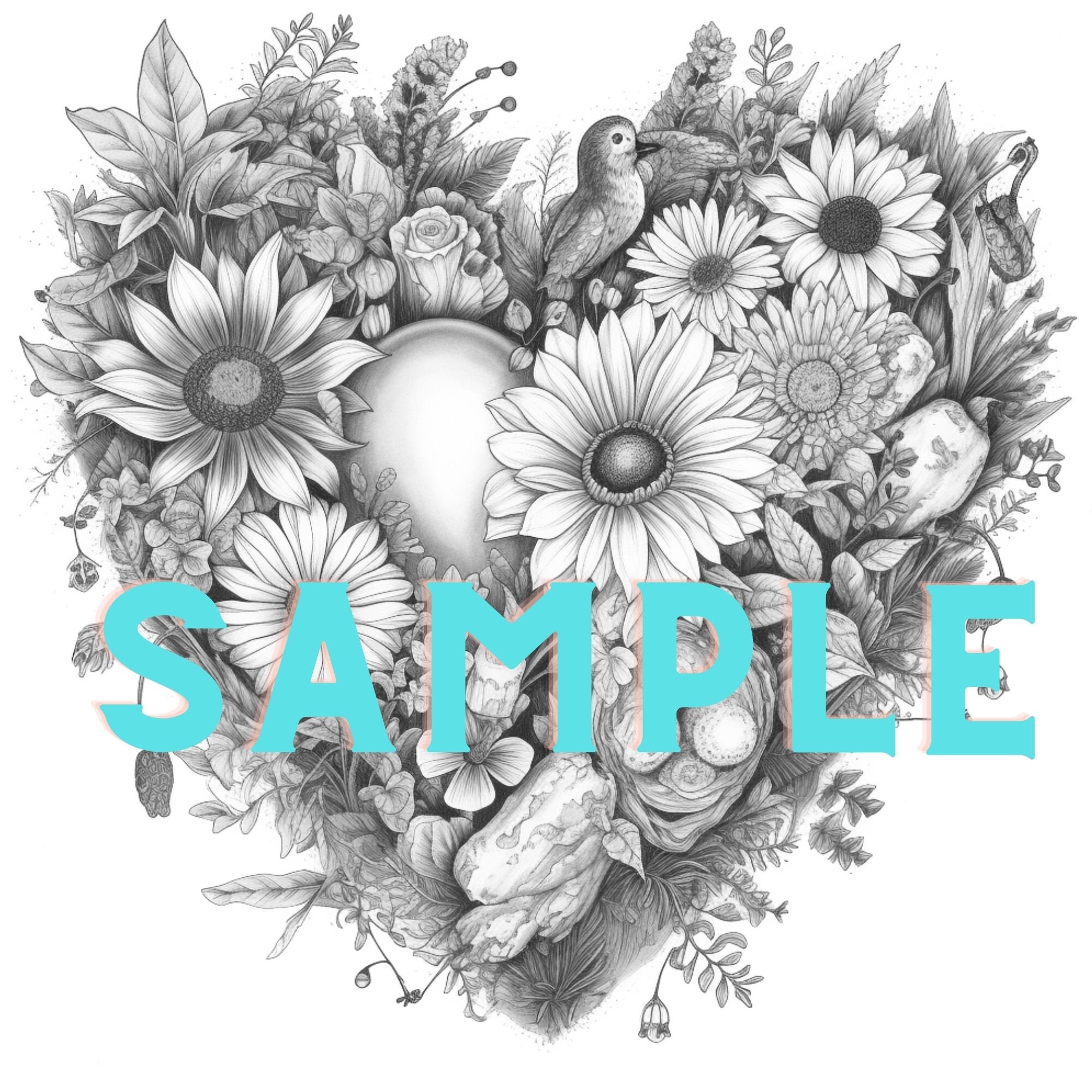 BLOOMING HEARTS 50 Grayscale Coloring Pages - Etsy