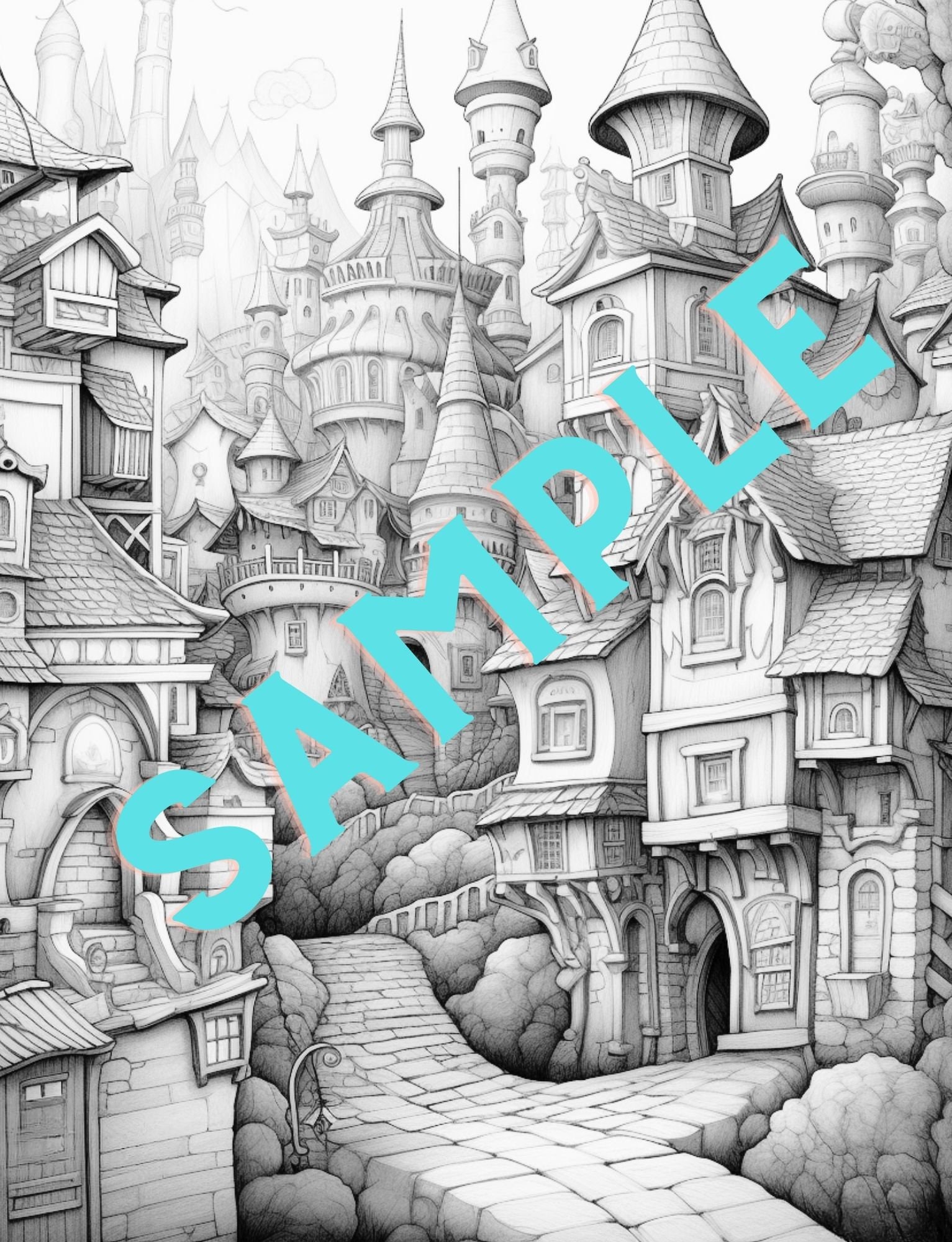 THE COBBLESTONE VILLAGE 50 Grayscale Coloring Pages - Etsy