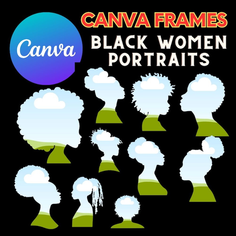 Canva Frames-black WOMEN PORTRAITS-10 Editable Drag & Drop Silhouette ...
