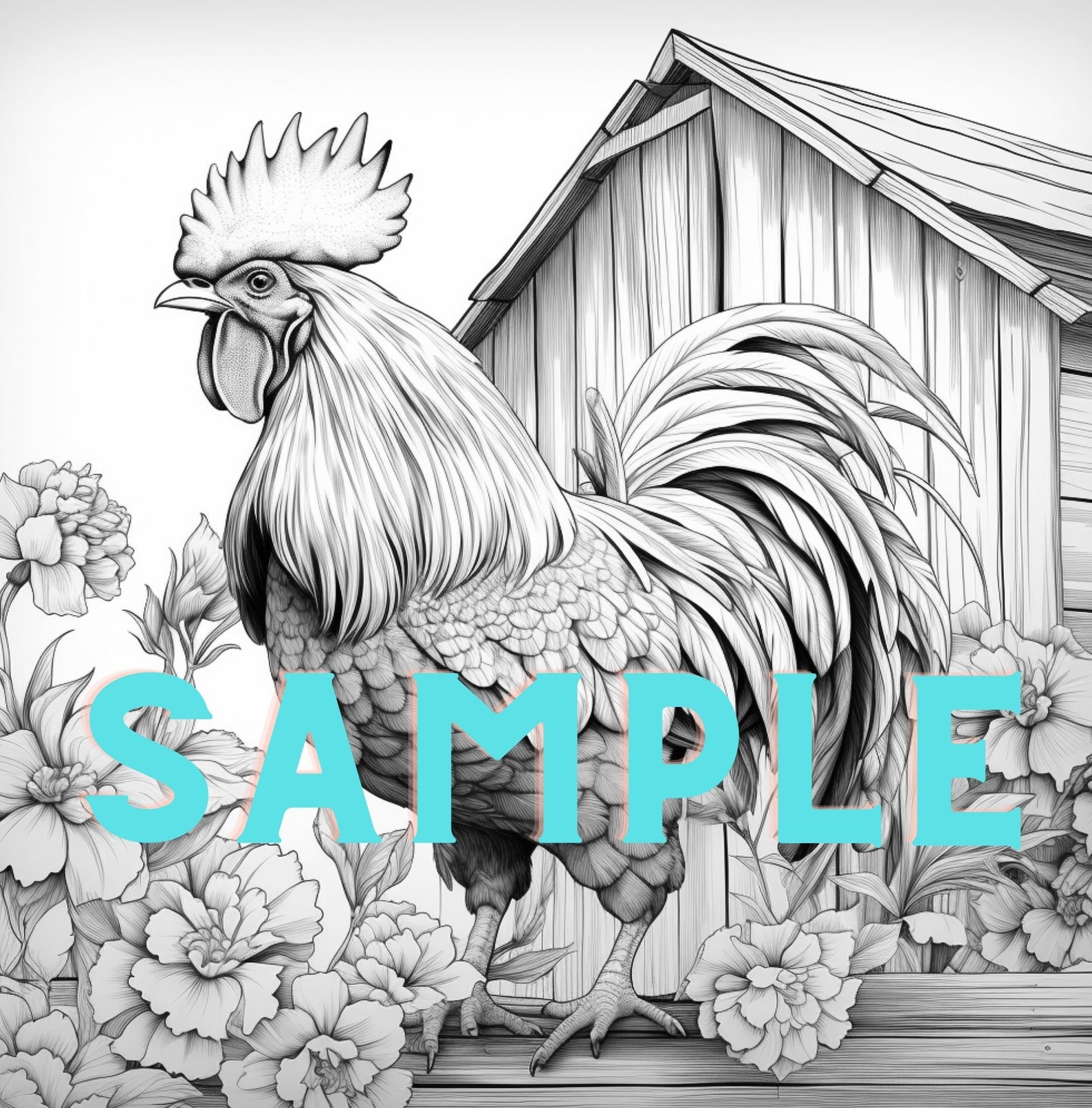 BARNYARD ROOSTERS 50 Grayscale Coloring Pages - Etsy