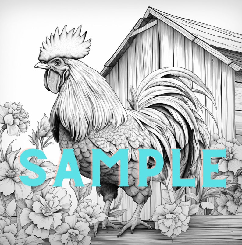 BARNYARD ROOSTERS 50 Grayscale Coloring Pages - Etsy
