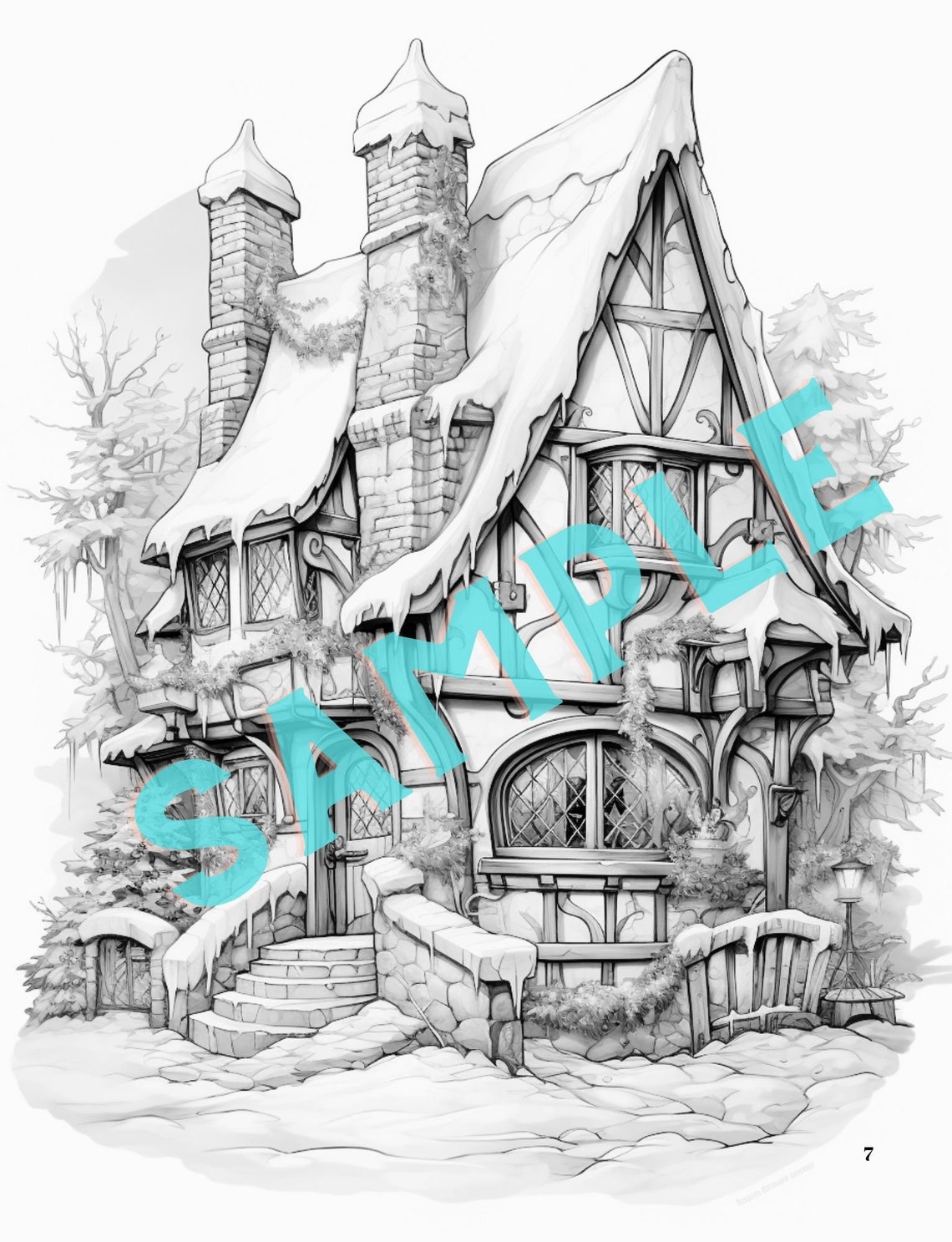 THE WINTER COTTAGE 50 Grayscale Coloring Pages - Etsy