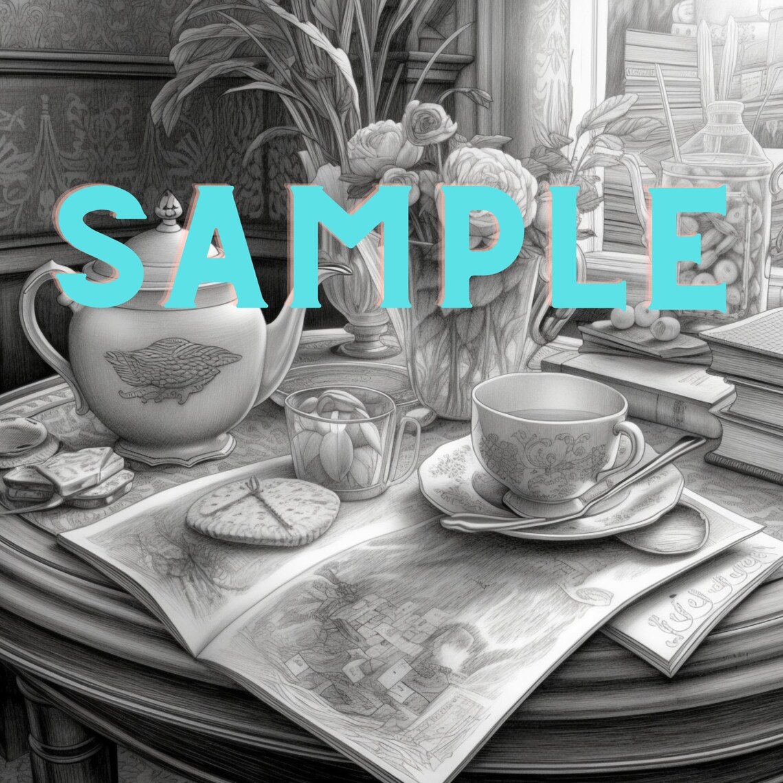 ENGLISH TEA 50 Grayscale Coloring Pages - Etsy