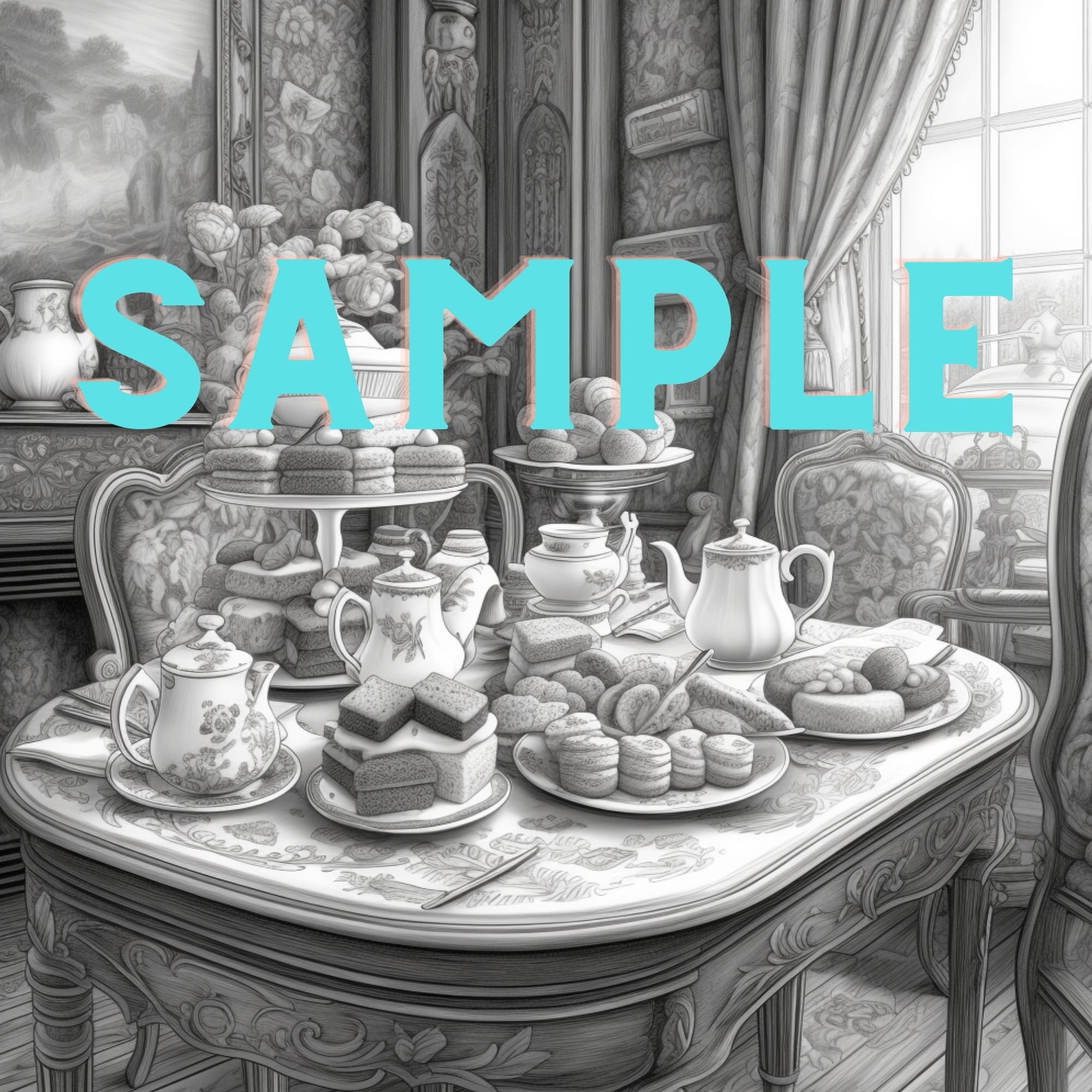 ENGLISH TEA 50 Grayscale Coloring Pages - Etsy